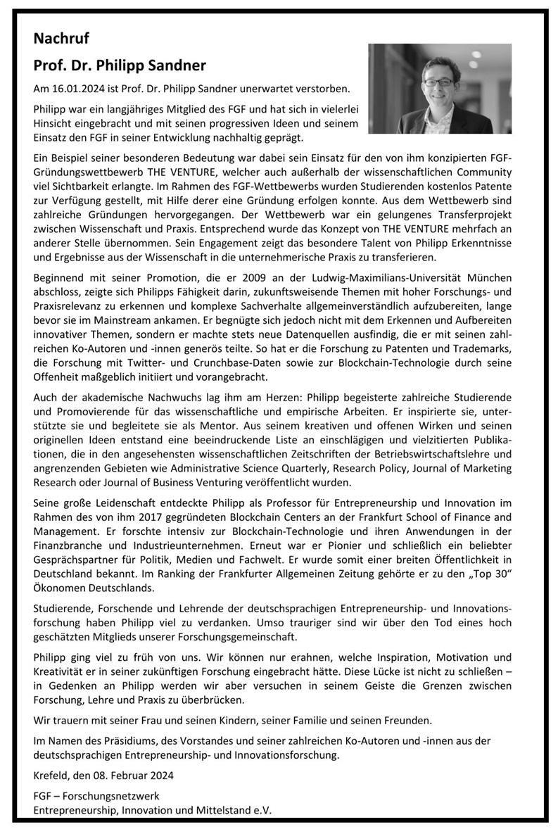 Nachruf: Prof. Dr. Philipp Sandner - FGF - Forschungsnetzwerk